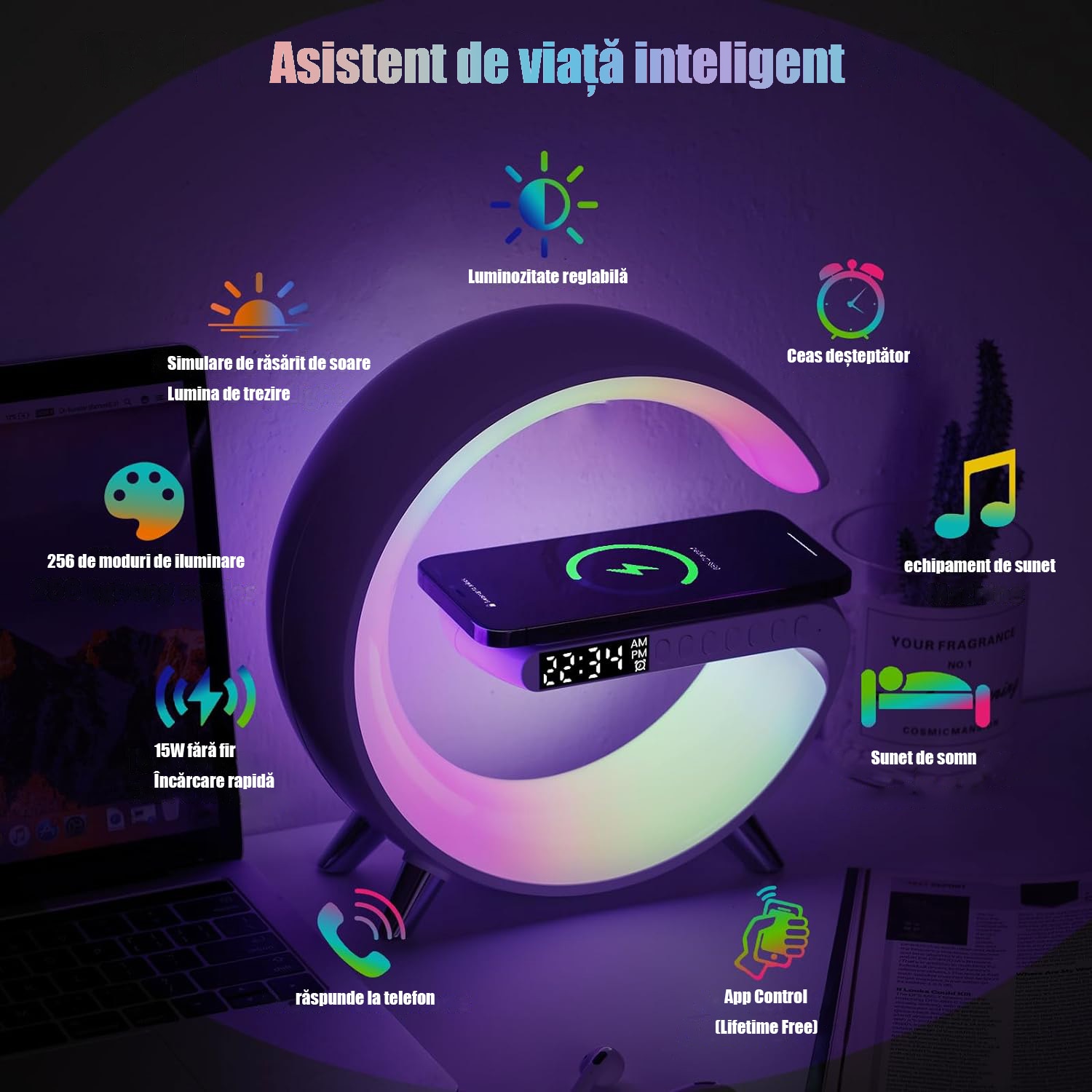 Lampa Smart LED RGB, difuzor Bluetooth, incarcator wireless, Ceas ...