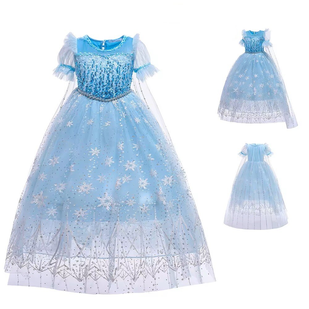 Set costum Elsa Frozen rochie albastra, pelerina cu stelute si ...