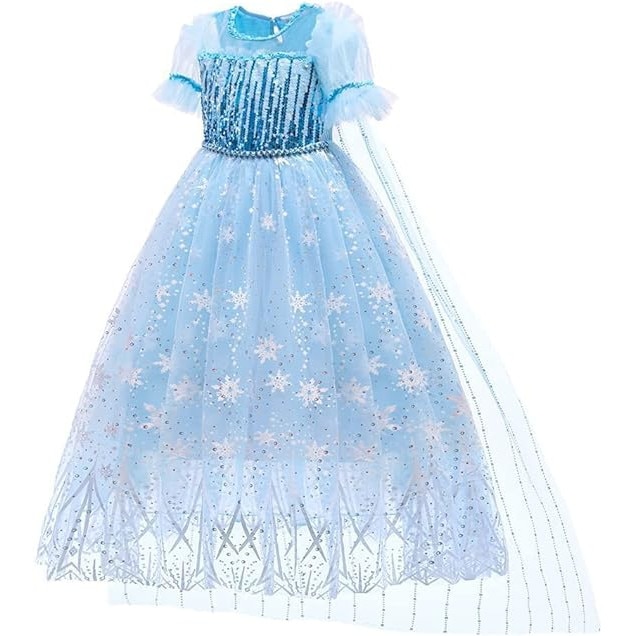 Set costum Elsa Frozen rochie albastra, pelerina cu stelute si ...