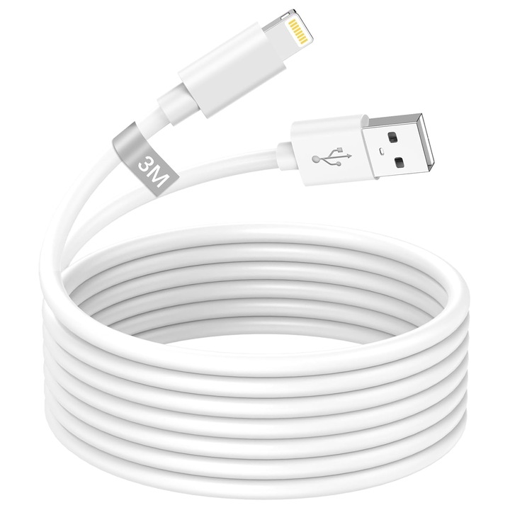 Cablu Compatibil iPhone, 3 metri, USB to Lightning, incarcare rapida ...