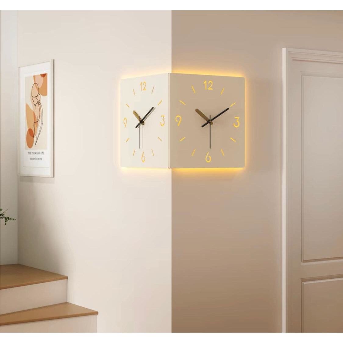 Ceas de perete patrat cu doua fete, iluminat cu sensor de miscare ...