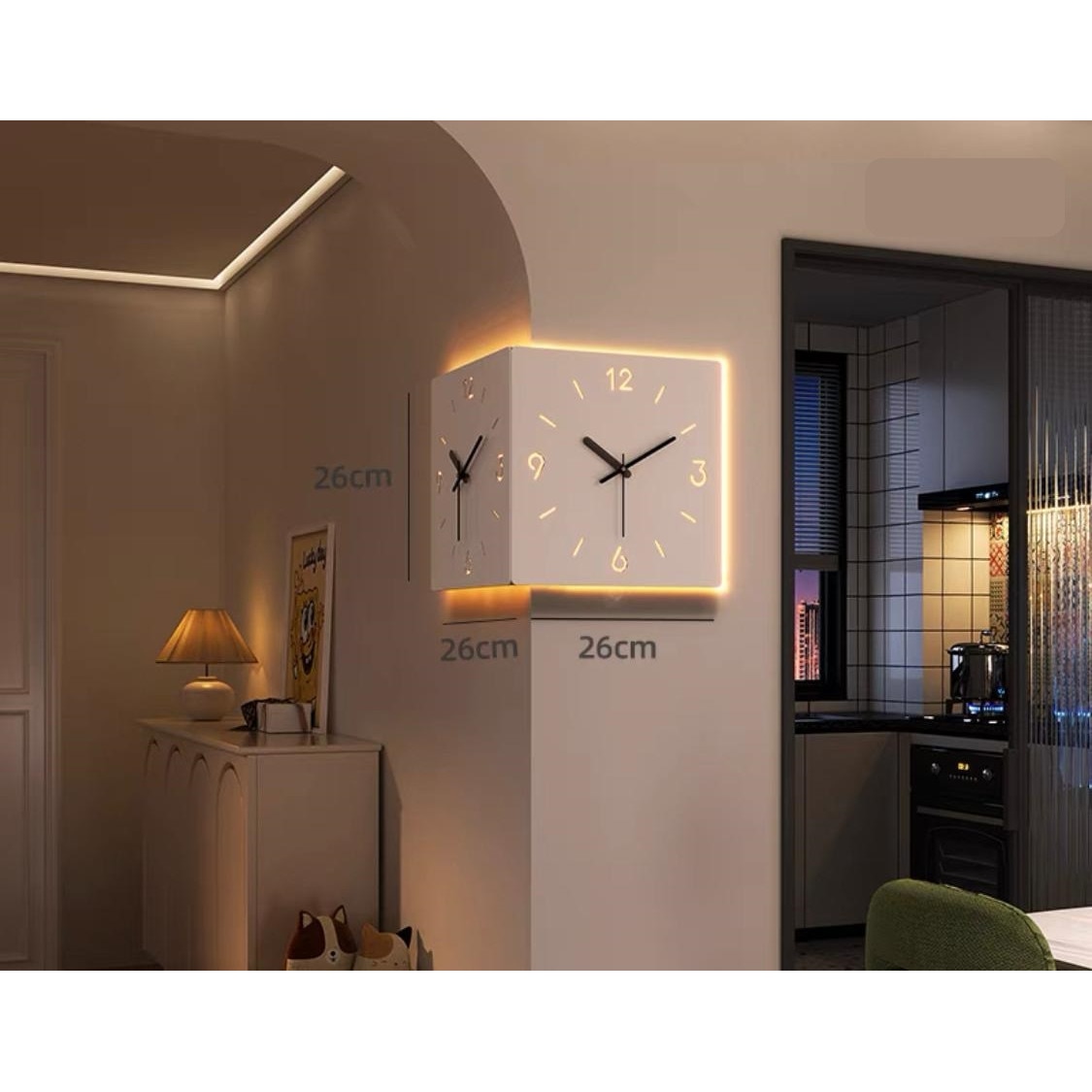 Ceas de perete patrat cu doua fete, iluminat cu sensor de miscare ...