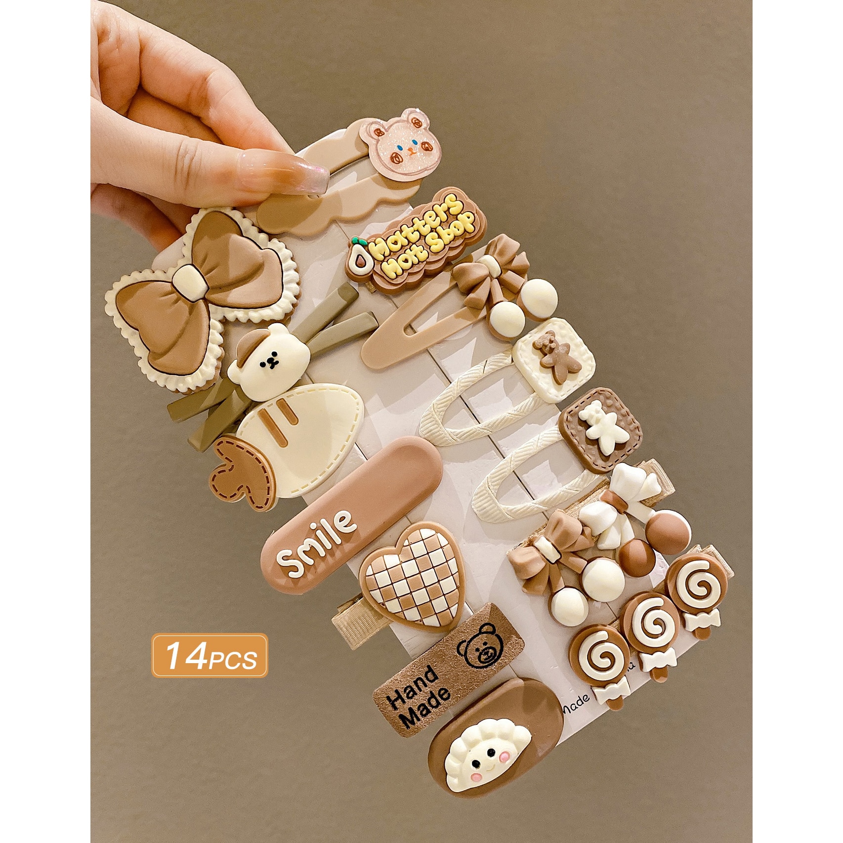 Set de 14 agrafe de par pentru fetite, Handmade, Maro 5cm aprox fiecare ...