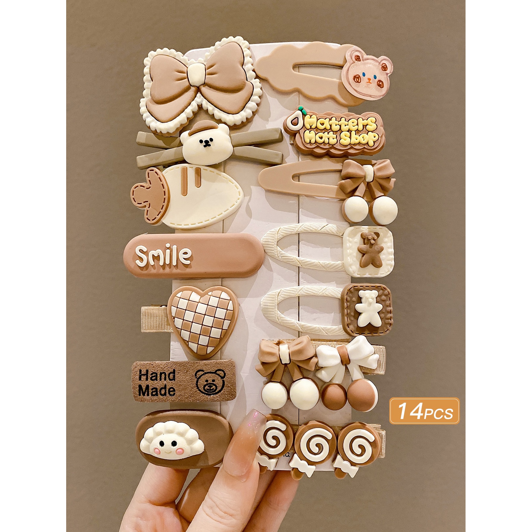 Set de 14 agrafe de par pentru fetite, Handmade, Maro 5cm aprox fiecare ...