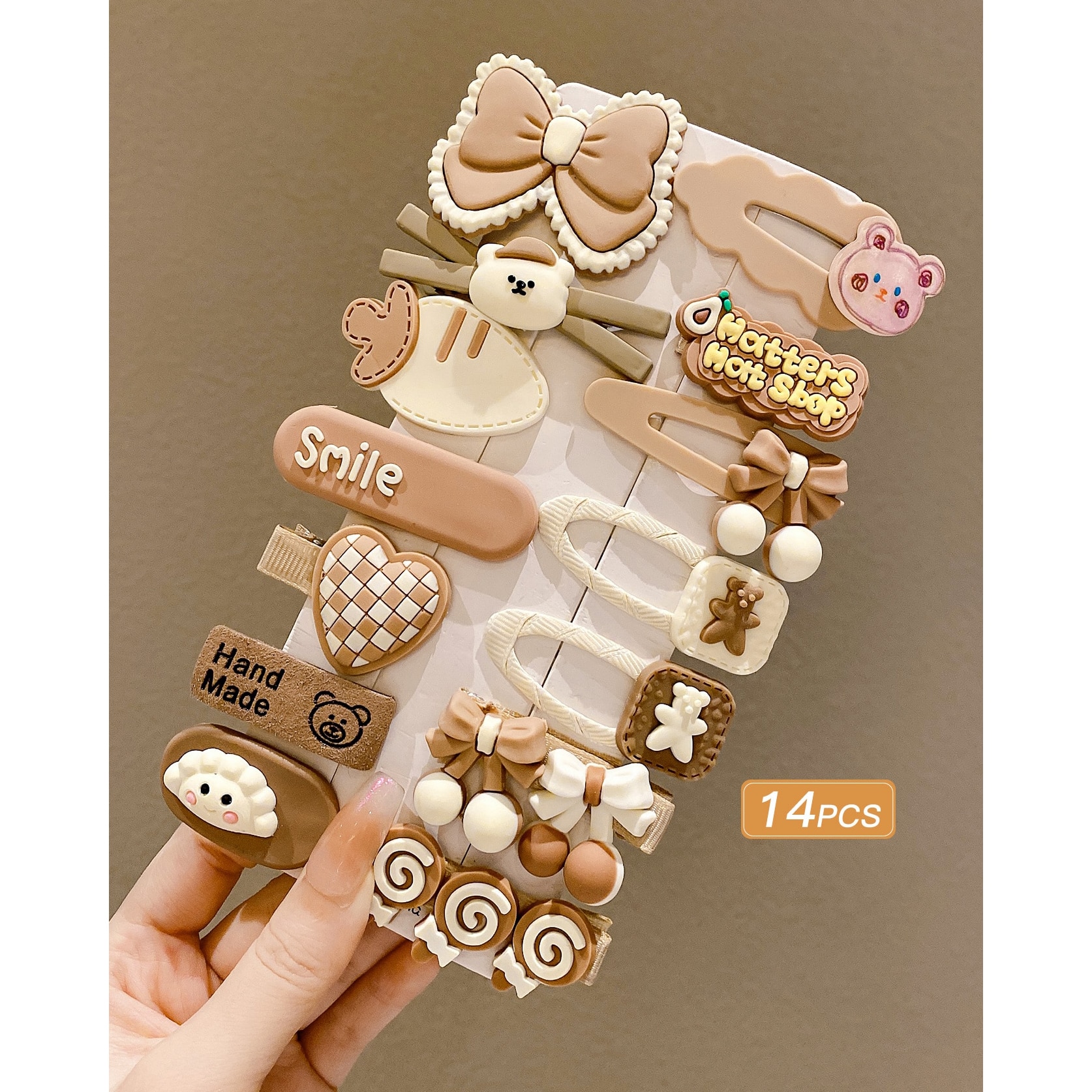 Set de 14 agrafe de par pentru fetite, Handmade, Maro 5cm aprox fiecare ...