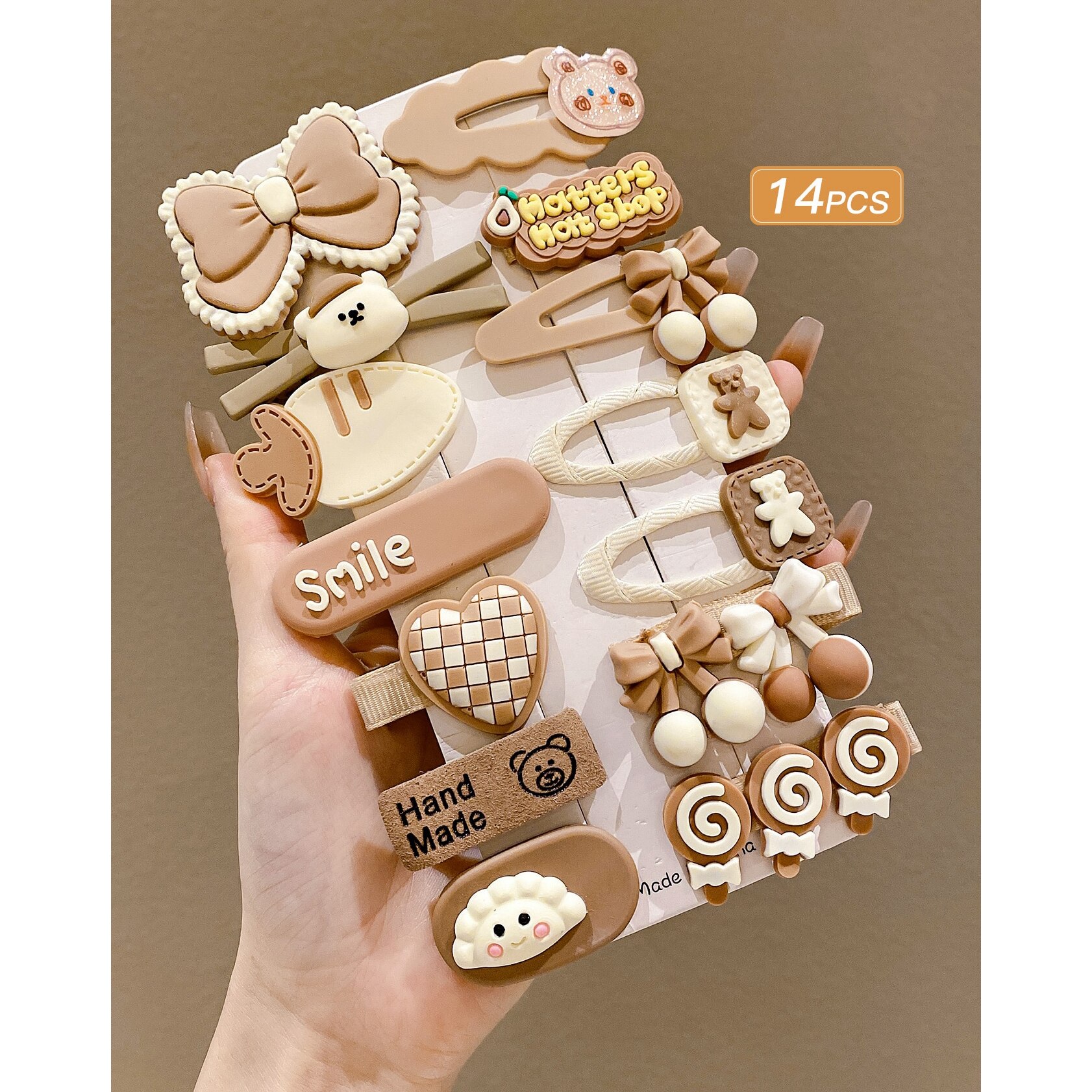 Set de 14 agrafe de par pentru fetite, Handmade, Maro 5cm aprox fiecare ...