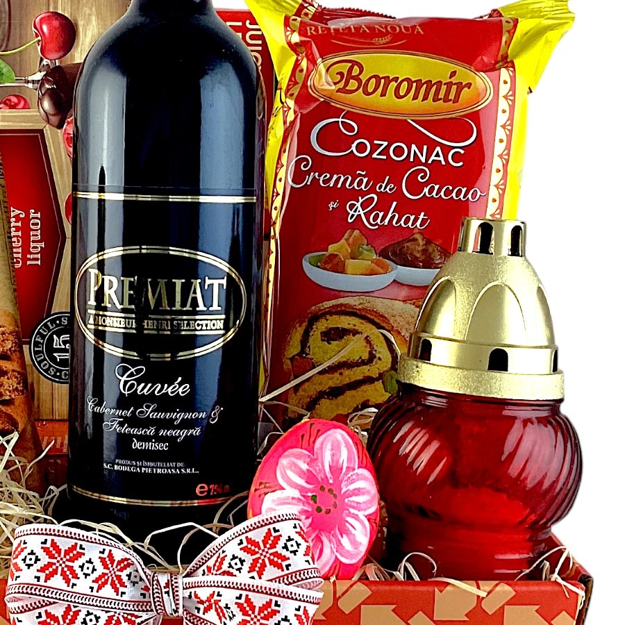 Cos Cadou de Paste, Cadouri Rafinate, model Paste cu Bucurie, cu Vin ...