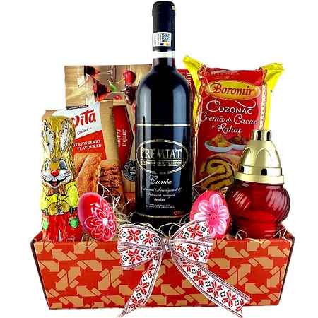 Cos Cadou de Paste, Cadouri Rafinate, model Paste cu Bucurie, cu Vin ...