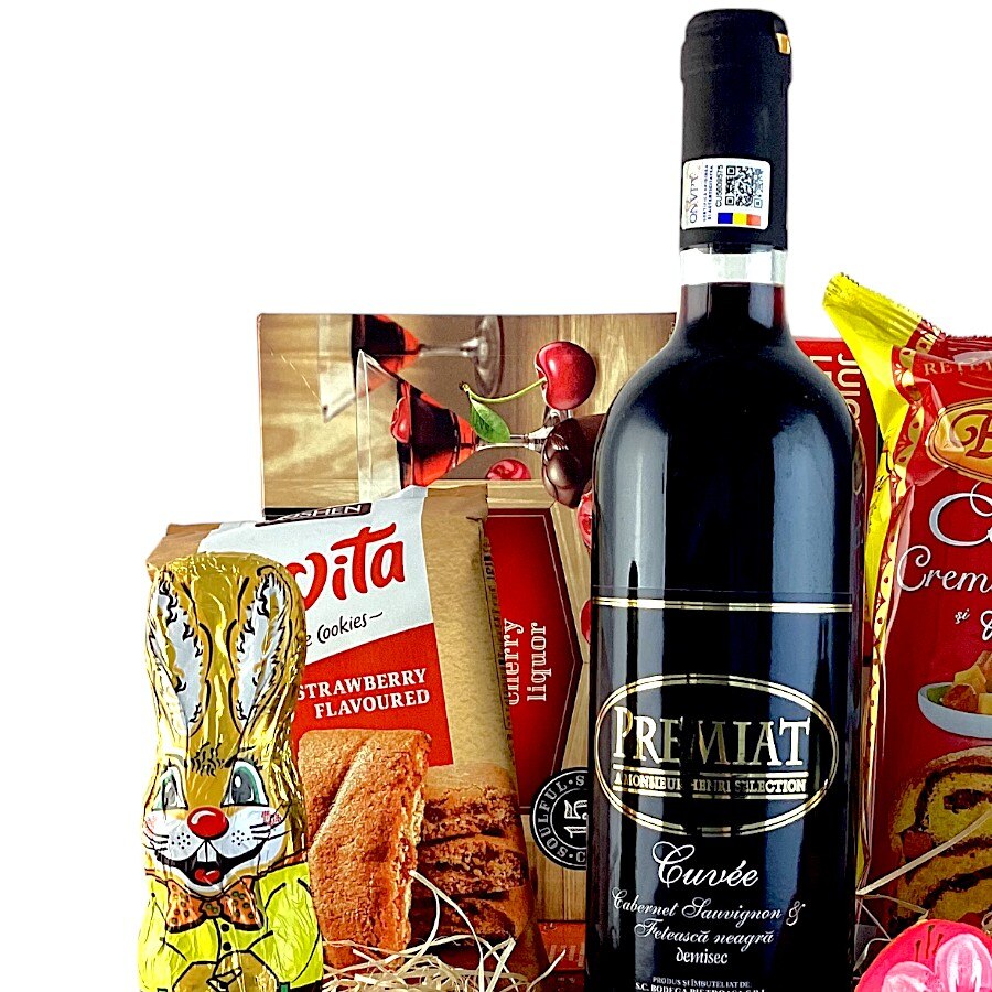 Cos Cadou de Paste, Cadouri Rafinate, model Paste cu Bucurie, cu Vin ...