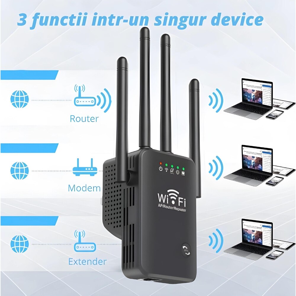 Усилвател на безжичен сигнал, 2,4 Hz, 4 антени с MIMO технология, 300 Mbps трансфер, WEP, WPA и ...