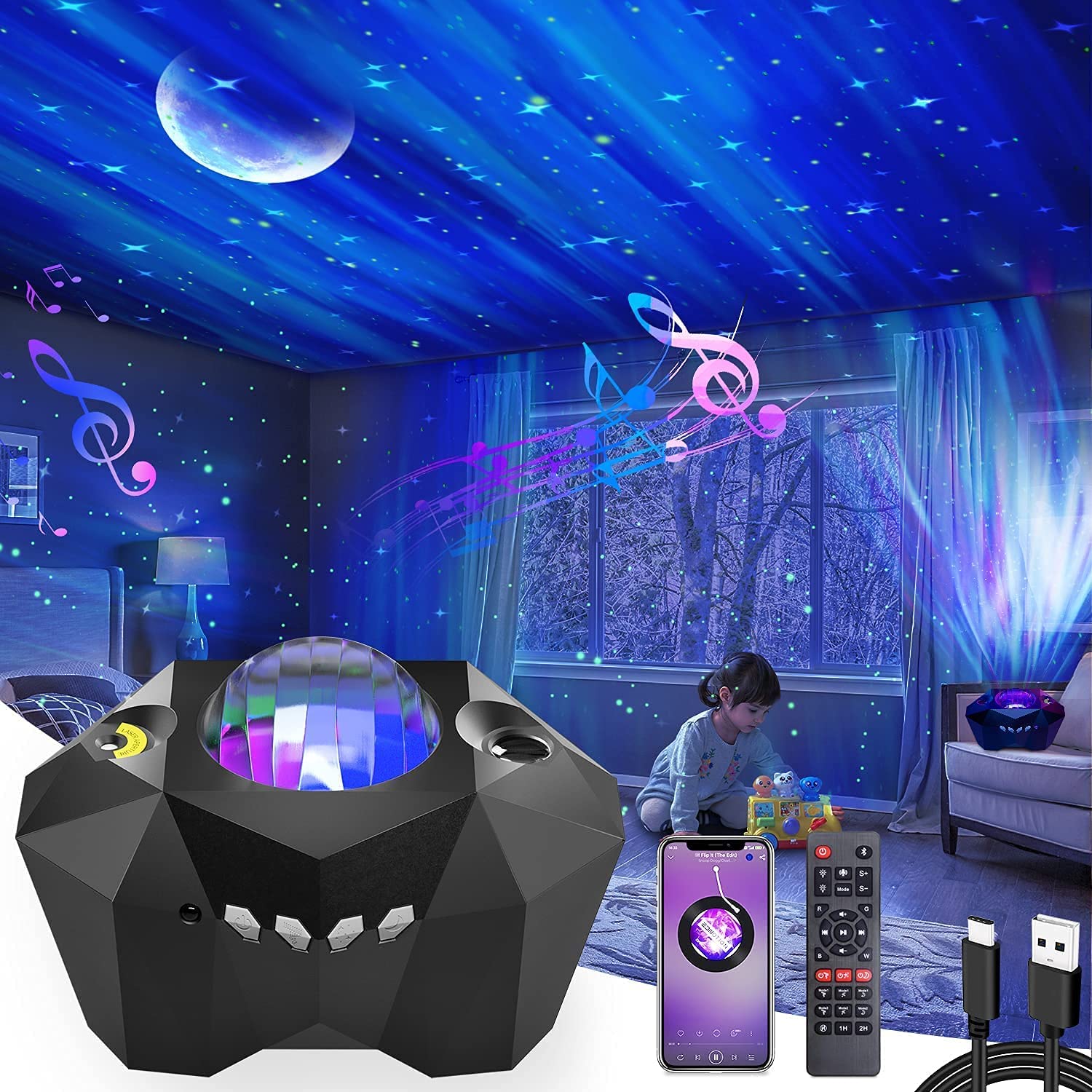 Lampa Veghe Cu Proiectie si Boxa MRG MAC6923, Bluetooth, Aurora Boreala ...