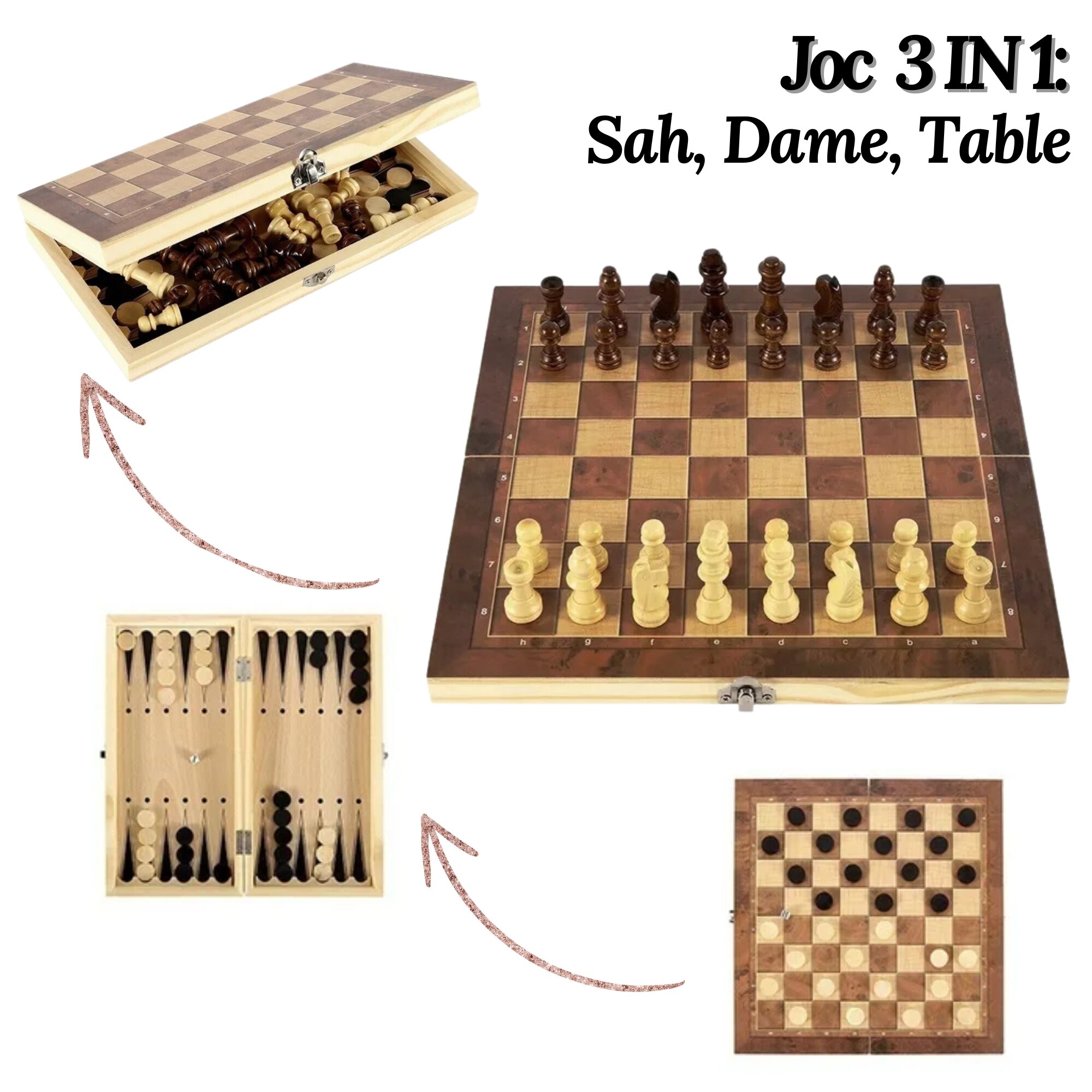 Joc 3 in 1: Sah, Table, Dame, 34 x 34 cm, Toate Piesele Incluse, Maro ...