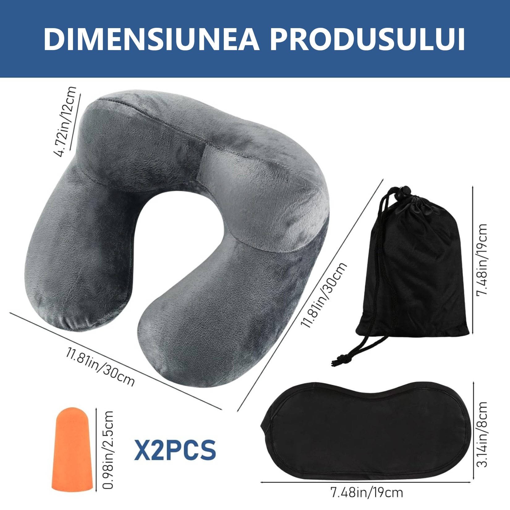 Set perna gonflabila de calatorie cu masca de ochi si dopuri de urechi ...