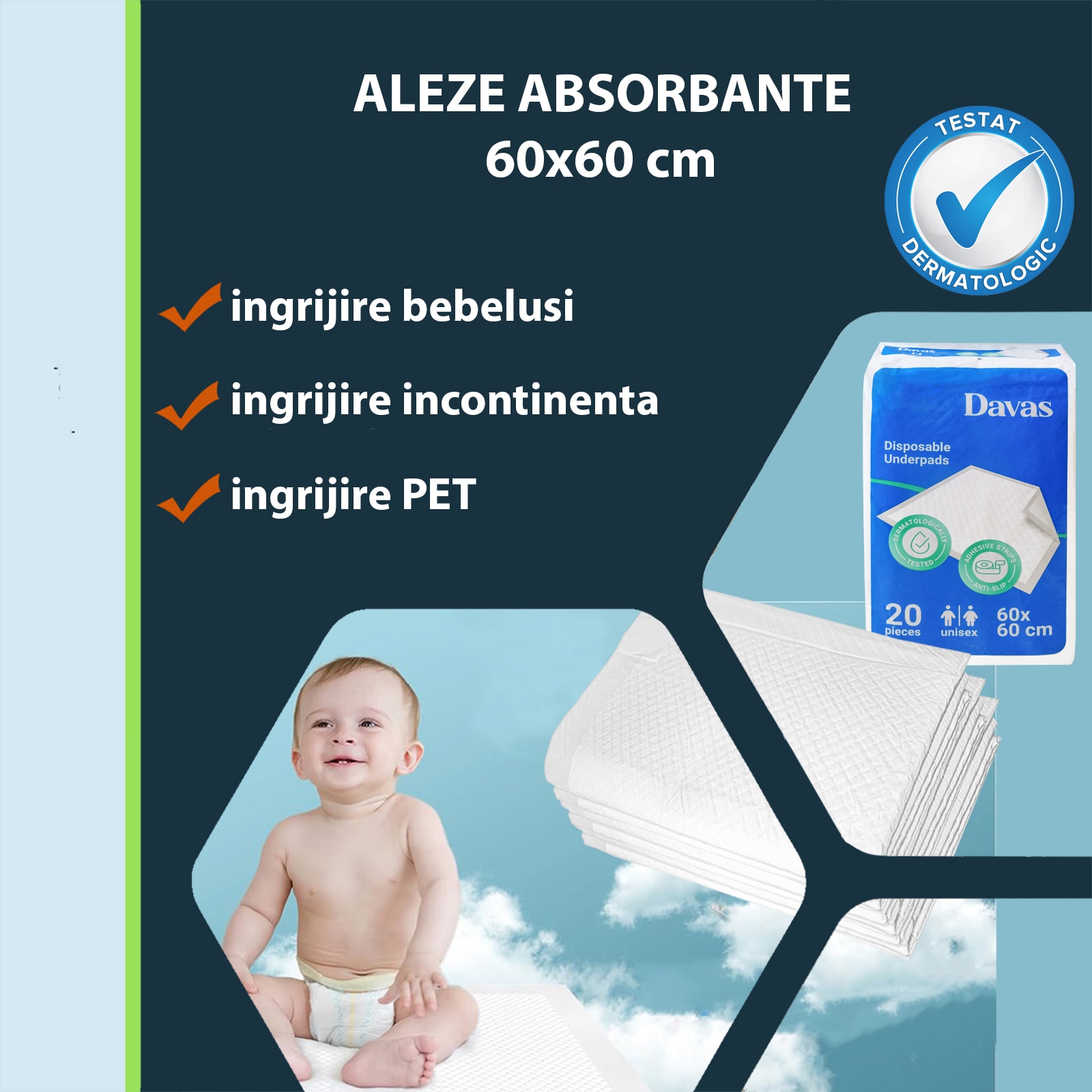 Aleze protectie pat Davas, 60x60 cm, 20 buc, unica folosinta, cu ...