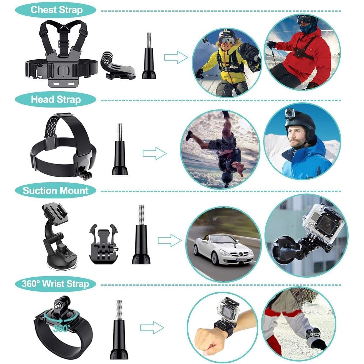Set complet de 61 accesorii pentru camere de actiune si GoPro, Excitat ...