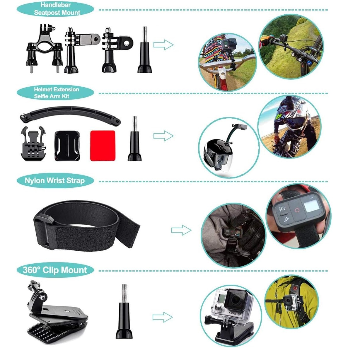 Set complet de 61 accesorii pentru camere de actiune si GoPro, Excitat ...