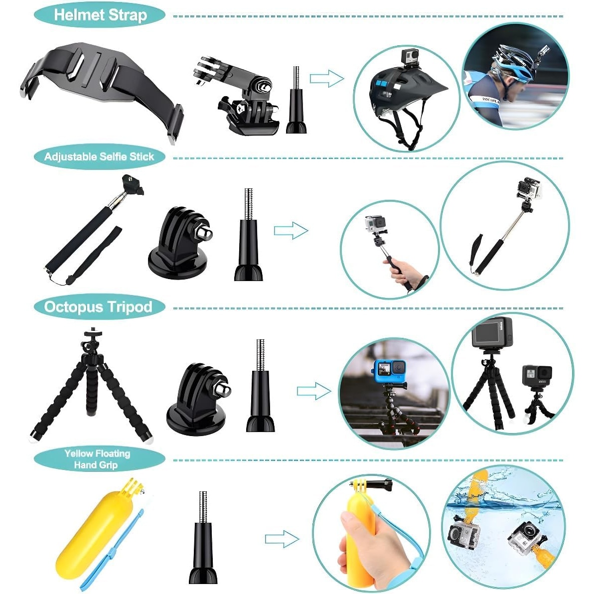 Set complet de 61 accesorii pentru camere de actiune si GoPro, Excitat ...