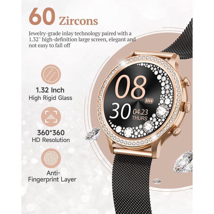 Ceas Smartwatch Dama FOSMET® cu 60 de pietre cubic zirconia, cu apeluri ...