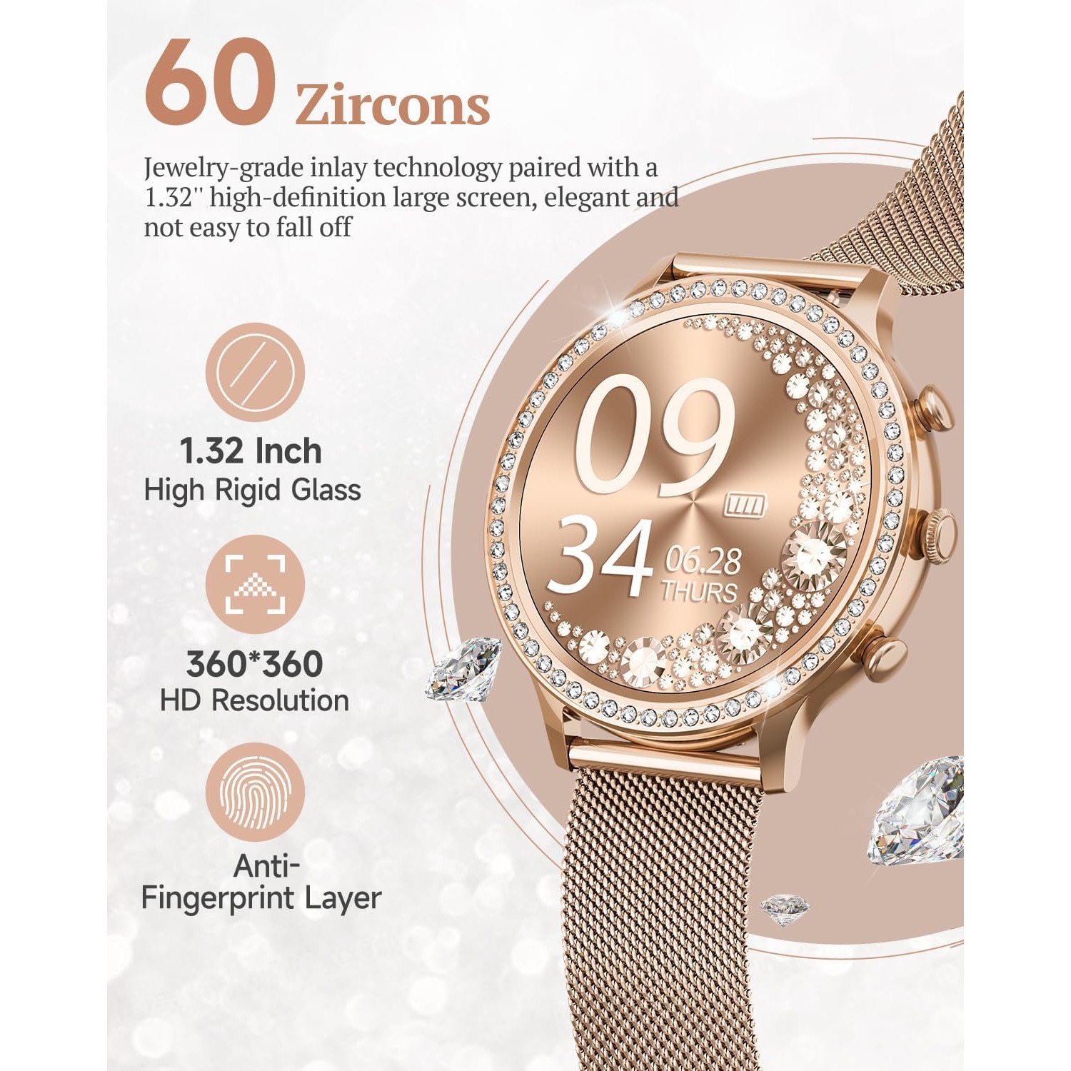 Ceas Smartwatch Dama FOSMET® cu 60 de Pietre Cubic Zirconia, cu Apeluri ...