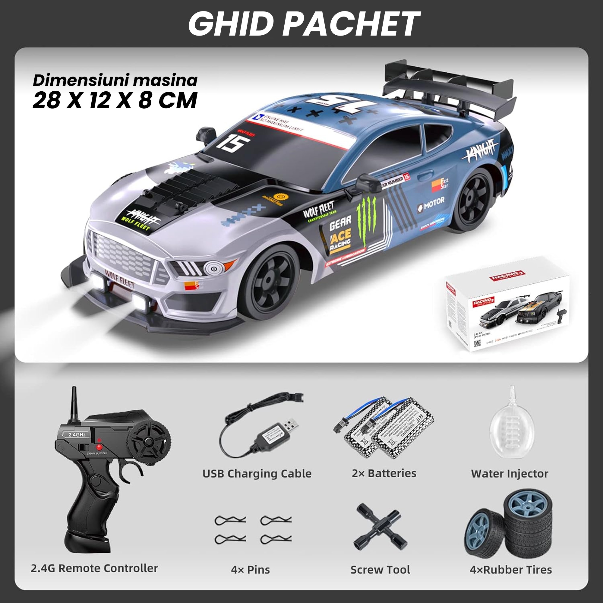 Masina cu telecomanda RC, Timebox, Drift car, 20km/h, lumini LED ...