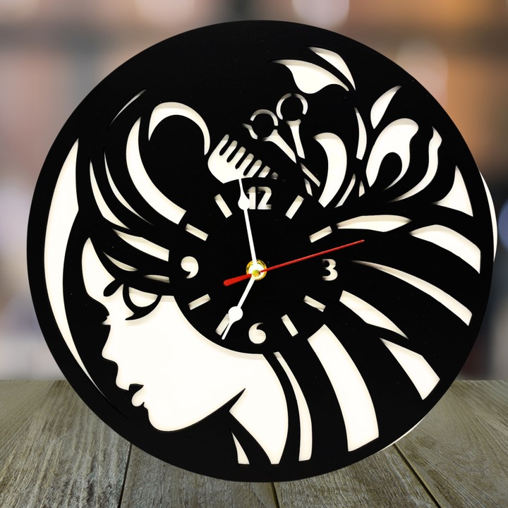 Ceas de perete decorativ din lemn 2 straturi- Frizerie, coafura, Beauty ...