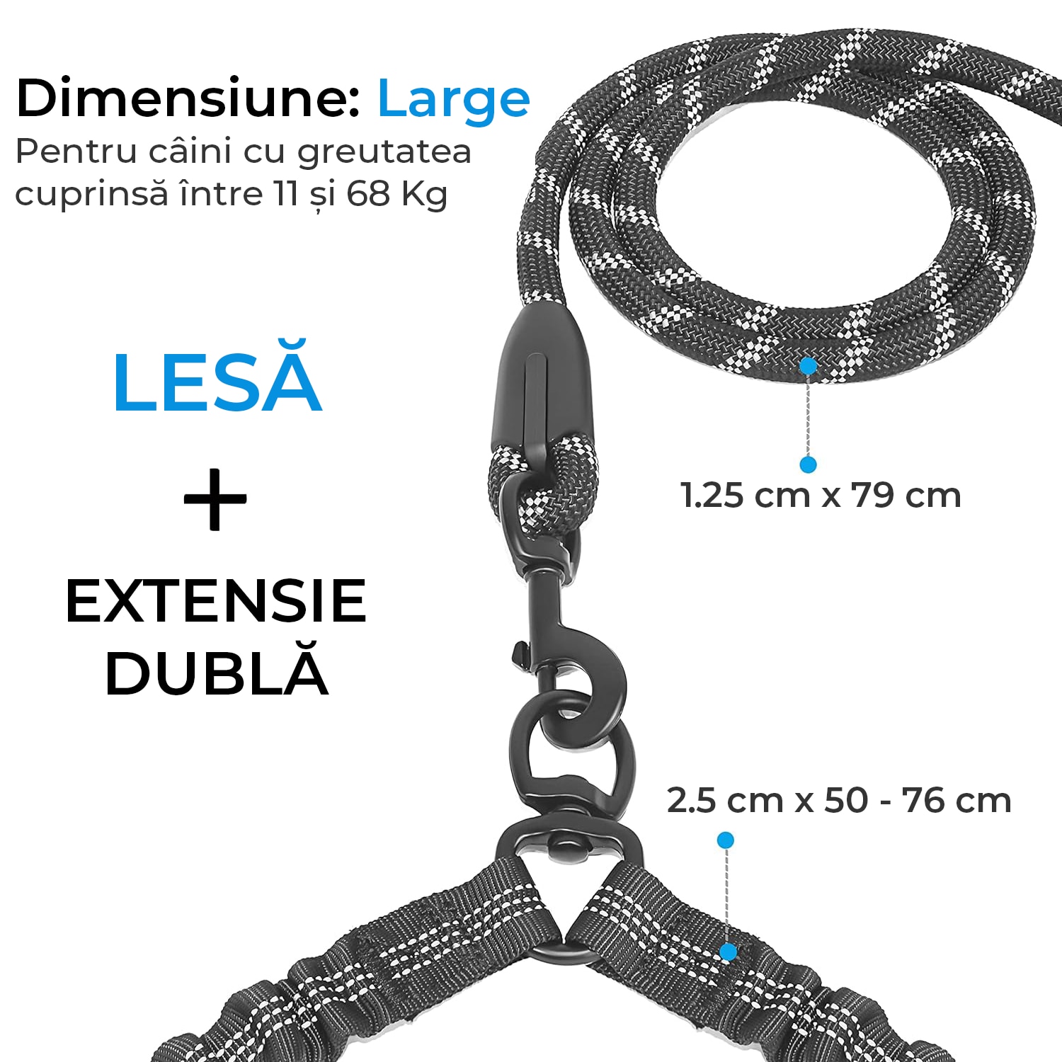 Lesa dubla pentru caini, cu rotire 360 grade, cu absorbtie a socului ...