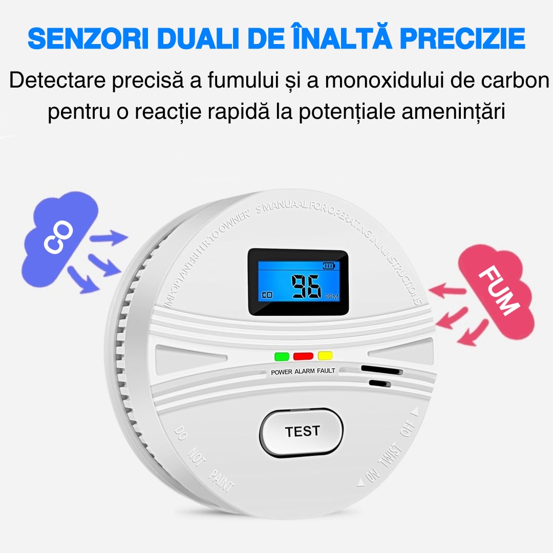 Detector 2 in 1 Monoxid de Carbon si Fum, Senzor dual, Display LCD ...