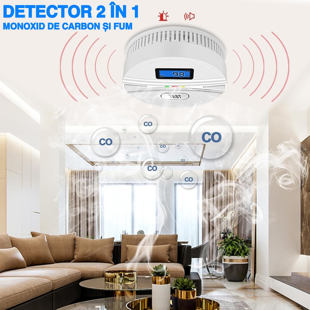 Detector 2 in 1 Monoxid de Carbon si Fum, Senzor dual, Display LCD ...
