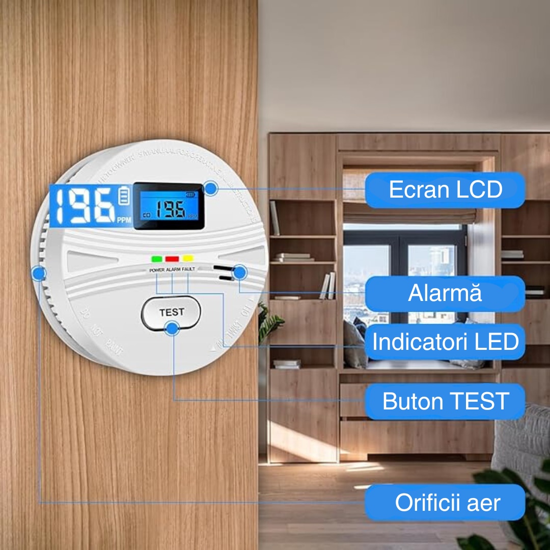 Detector 2 in 1 Monoxid de Carbon si Fum, Senzor dual, Display LCD ...