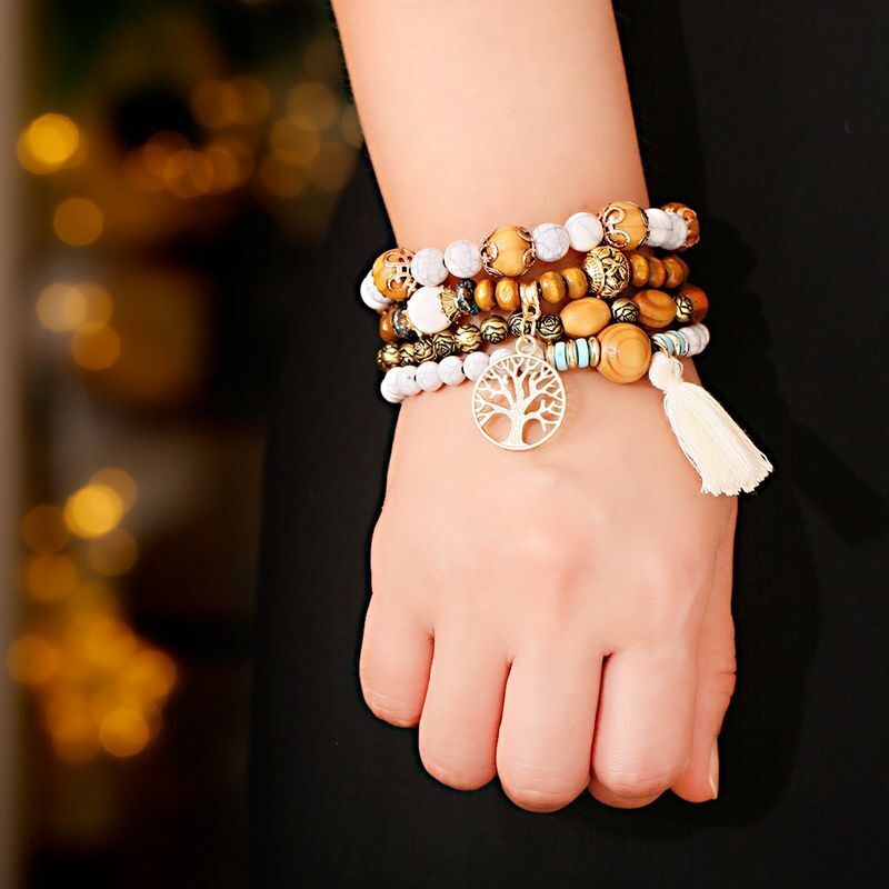 Set 4 bratari dama cu stil si boeme, copac, ciucure, din rasina, alb cu ...