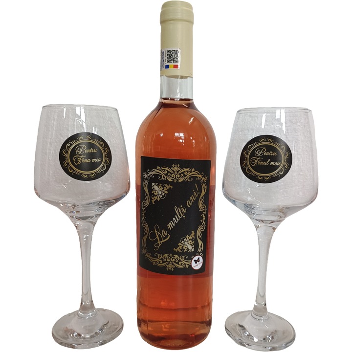 Set sticla vin cu 2 pahare in cutie carton Dary Home, La multi ani ...