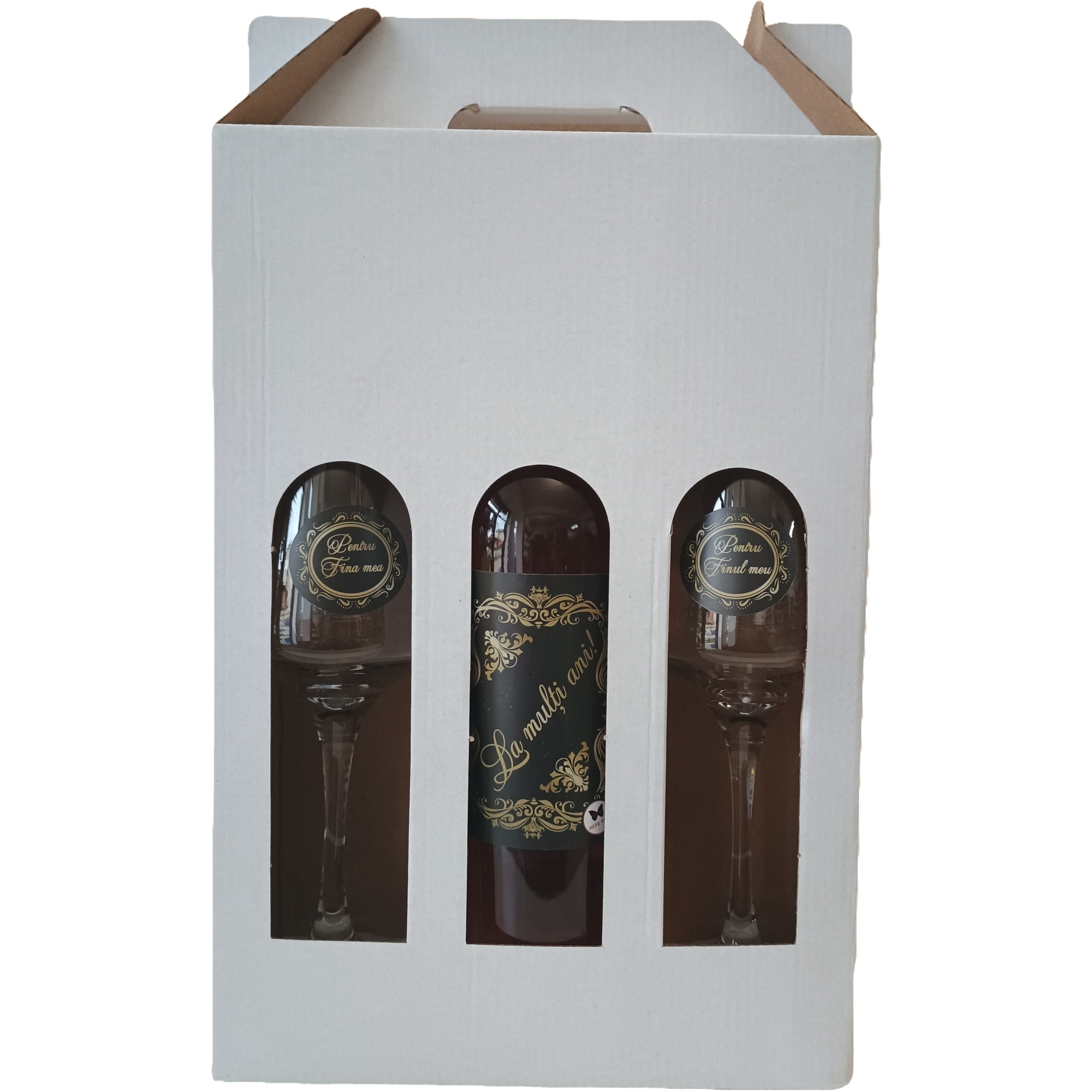 Set sticla vin cu 2 pahare in cutie carton Dary Home, La multi ani ...