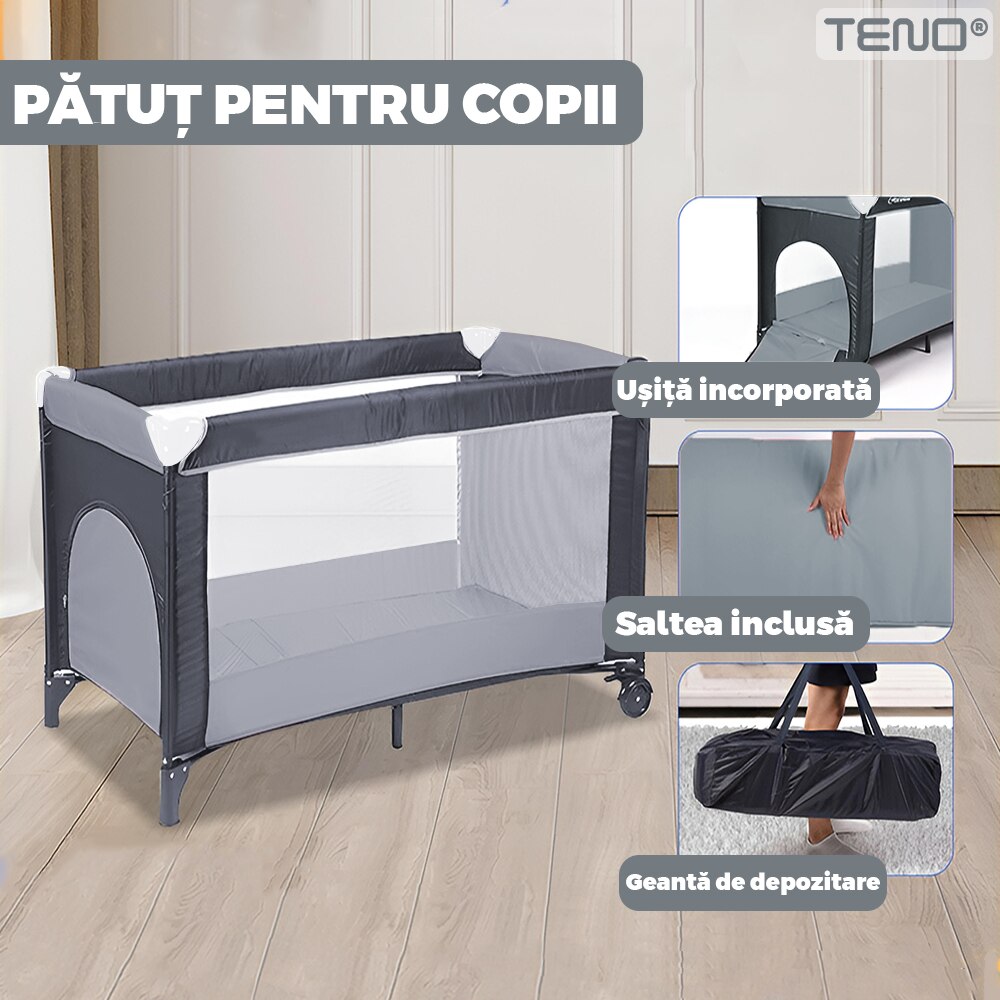 Patut Turistic Pliabil pentru Copii Teno®, usa cu fermoar exterior ...