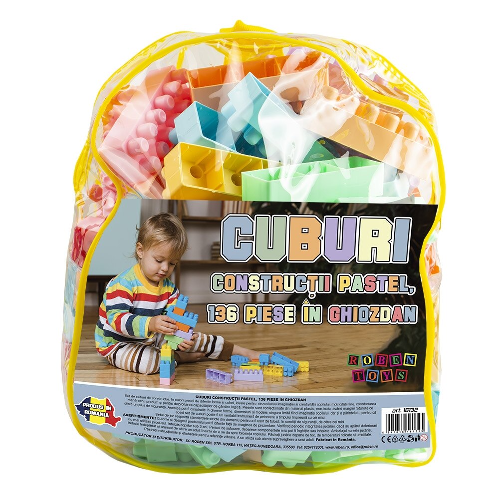 Set cuburi constructii in ghiozdan, pastel, 136 Piese, ROBENTOYS - eMAG.ro