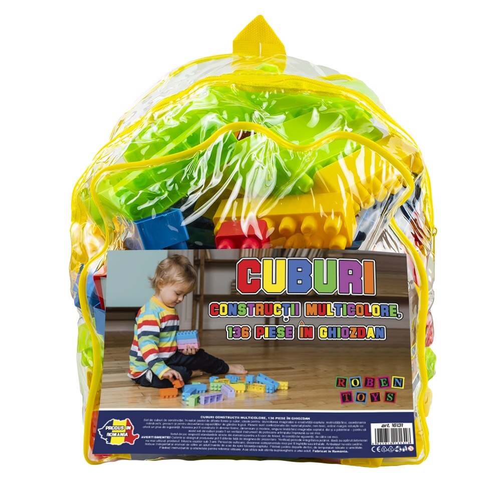 Set cuburi constructii in ghiozdan, multicolore, 136 Piese, ROBENTOYS ...