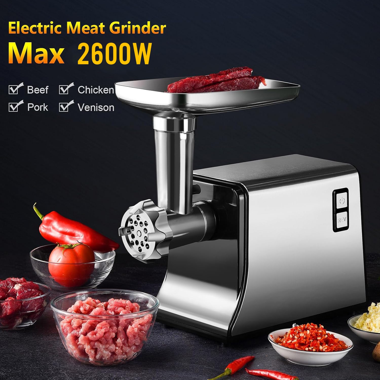 Masina de tocat, Excitat®, 2600W, 3 kg/min, cutit inox, 3 site metalice ...