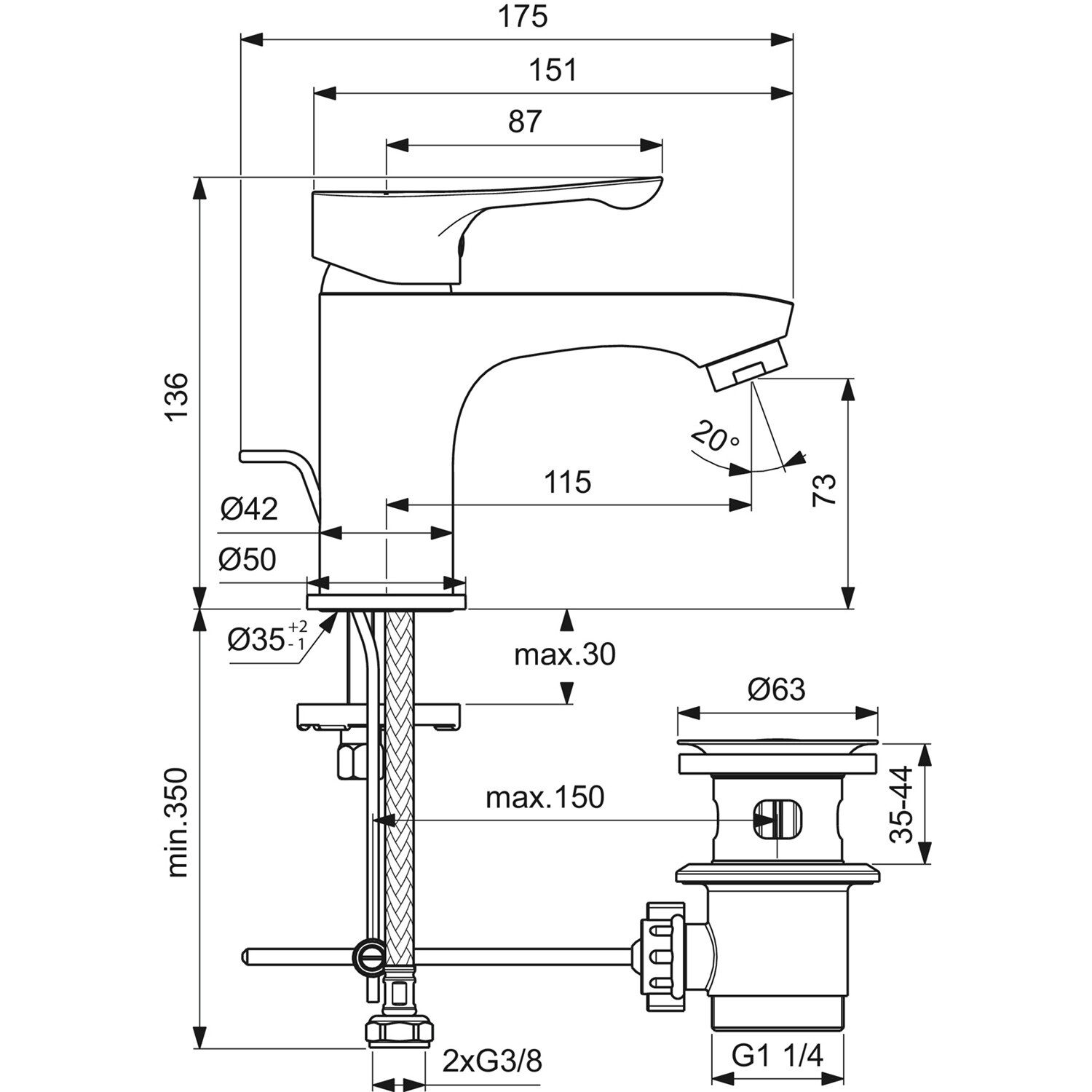 Baterie lavoar Ideal Standard Alpha BC647AA, montaj pe lavoar, cartus ...