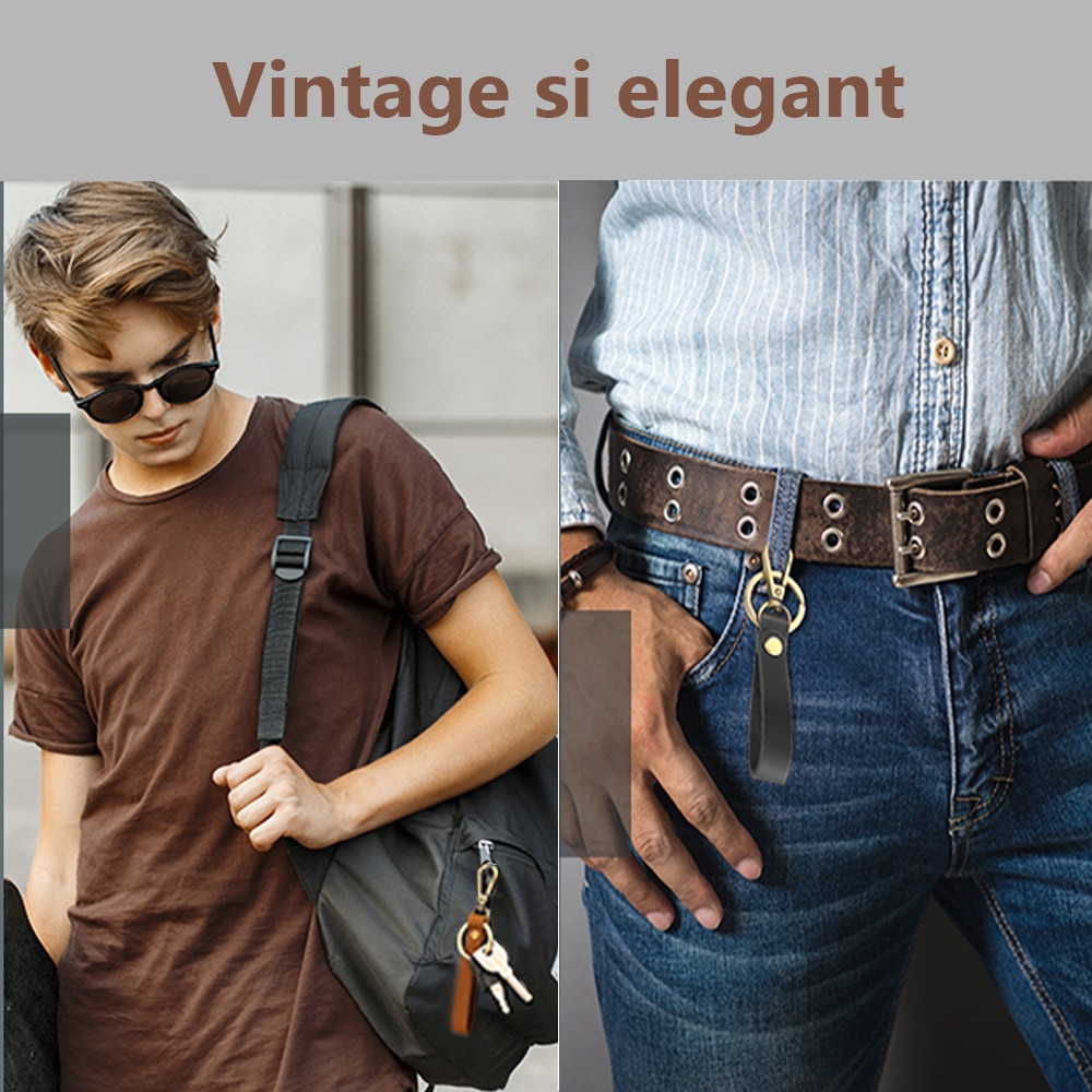 Breloc chei, din piele naturala, cu carabina si inel pentru chei ...