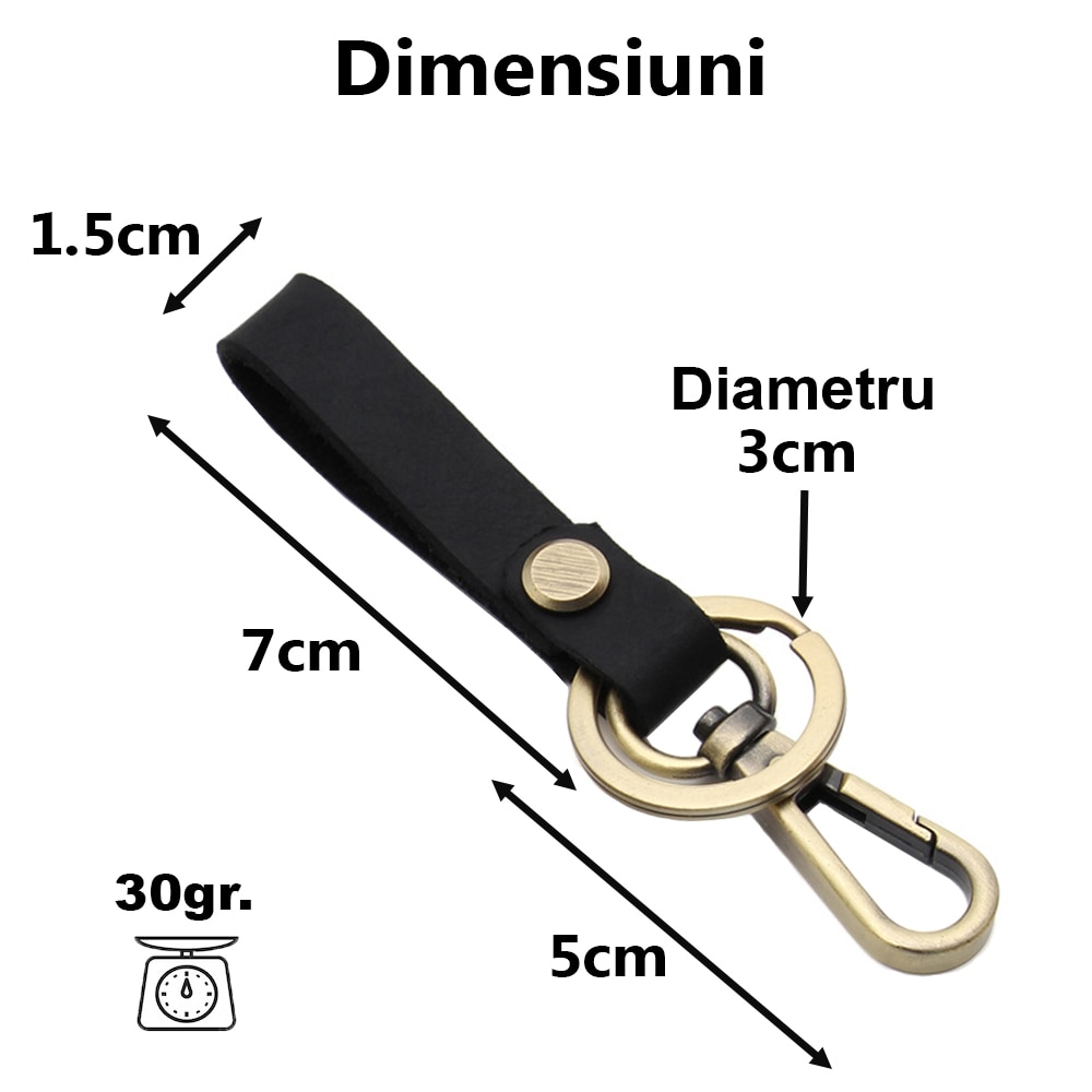 Breloc chei, din piele naturala, cu carabina si inel pentru chei ...