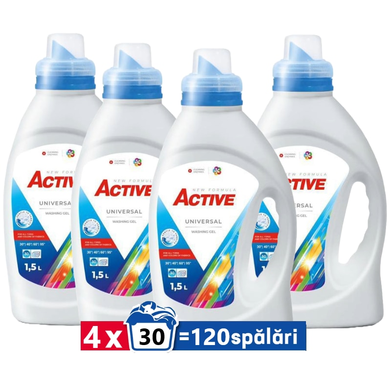 Detergent Universal de rufe lichid Active, 4 x 1.5 litri, 120 spalari - eMAG.ro