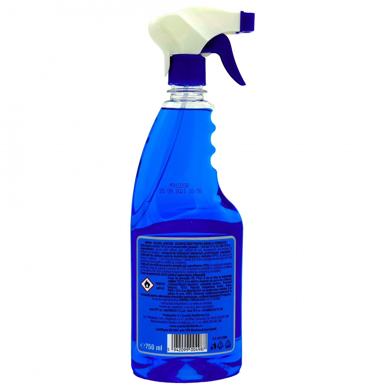 Alcool sanitar Mona 750 ml cu pulverizator, culoare albastru, 70% - eMAG.ro