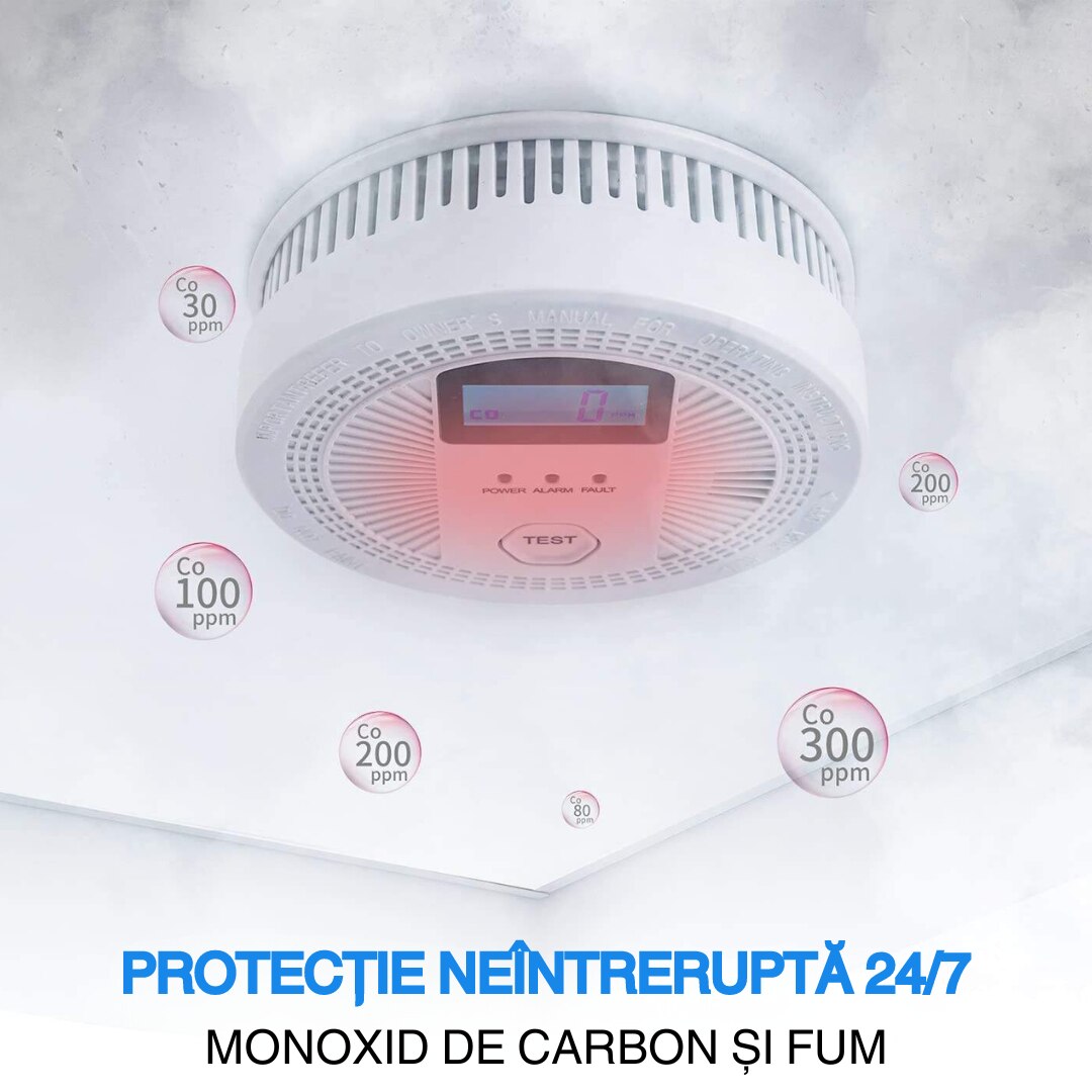 Detector 2 in 1 Monoxid de Carbon si Fum, Senzor dual, Display LCD ...