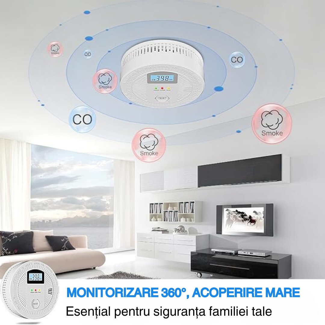 Detector 2 in 1 Monoxid de Carbon si Fum, Senzor dual, Display LCD ...