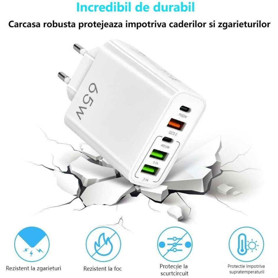 Incarcator retea 65W, 5 Porturi, 65W Fast Charge, 3 x USB, 2 x Type-C ...