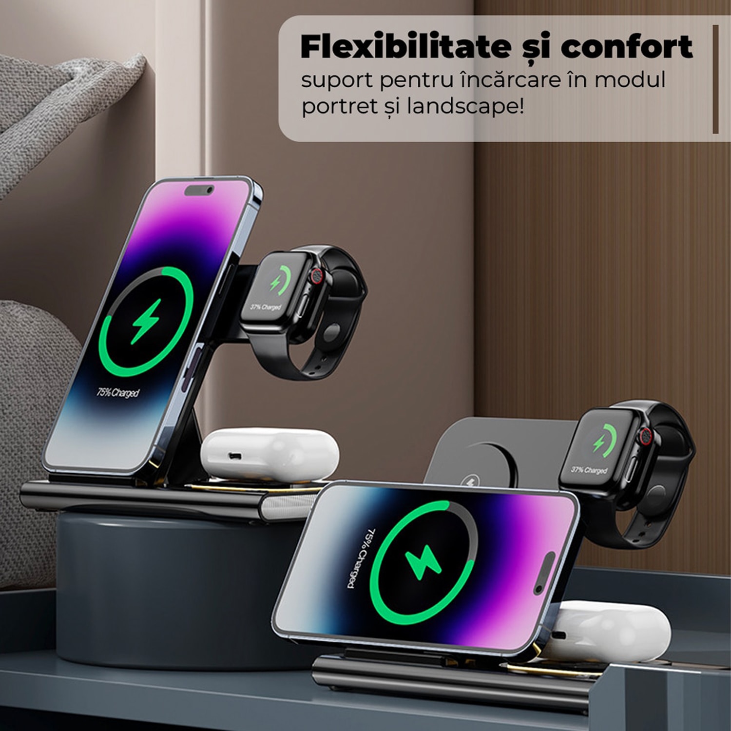 Incarcator Wireless Portabil 3 In 1 Elindor®, 15W Qi Fast Charger ...