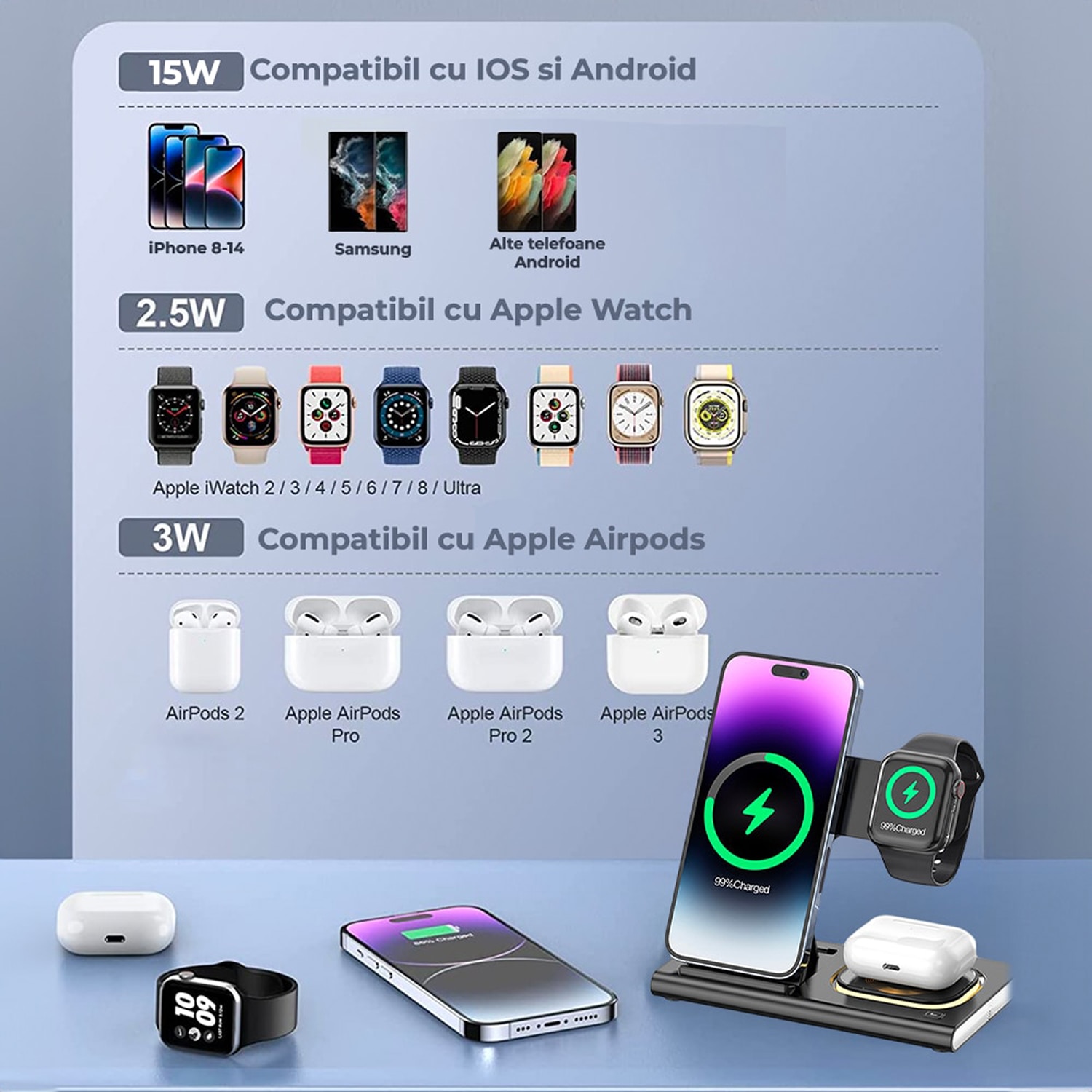 3 az 1-ben gyorstöltő, 15 W-os vezeték nélküli töltő, telefontöltő ...