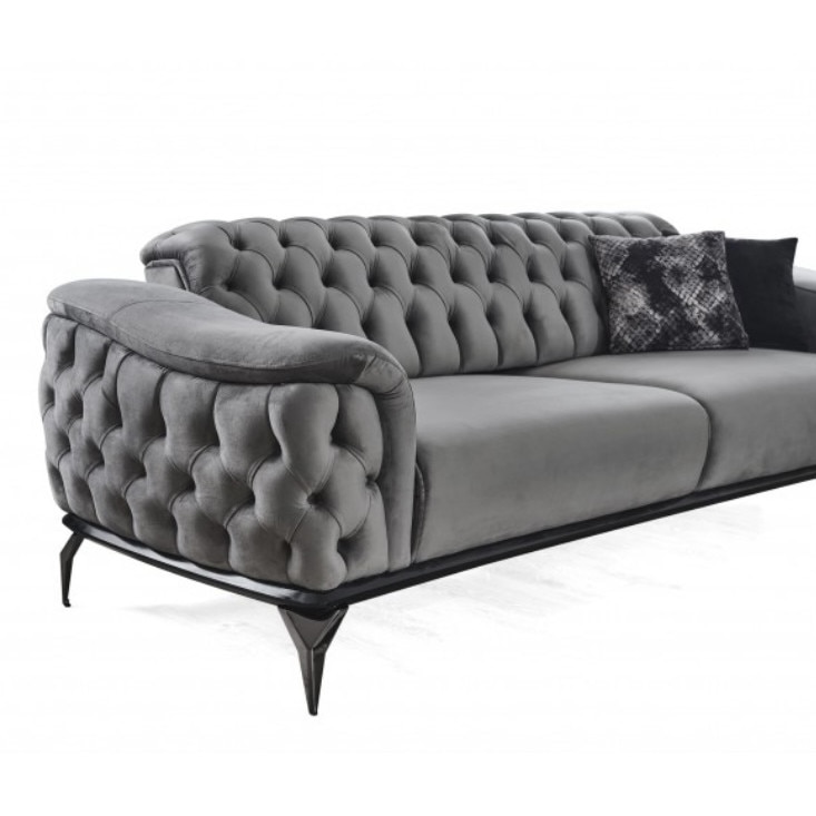 Set 2 Canapele Milano cu fotoliu, Catifea, Negru si Gri, 225 x 100 cm ...