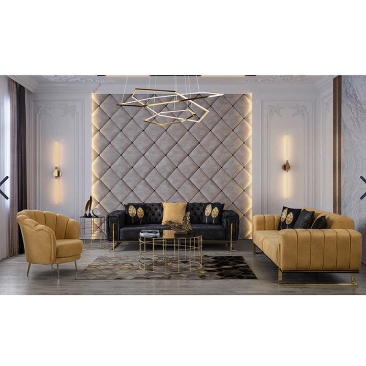 Set 2 Canapele Extensibile ATHENAcu fotoliu, Catifea, Galben si gri ...