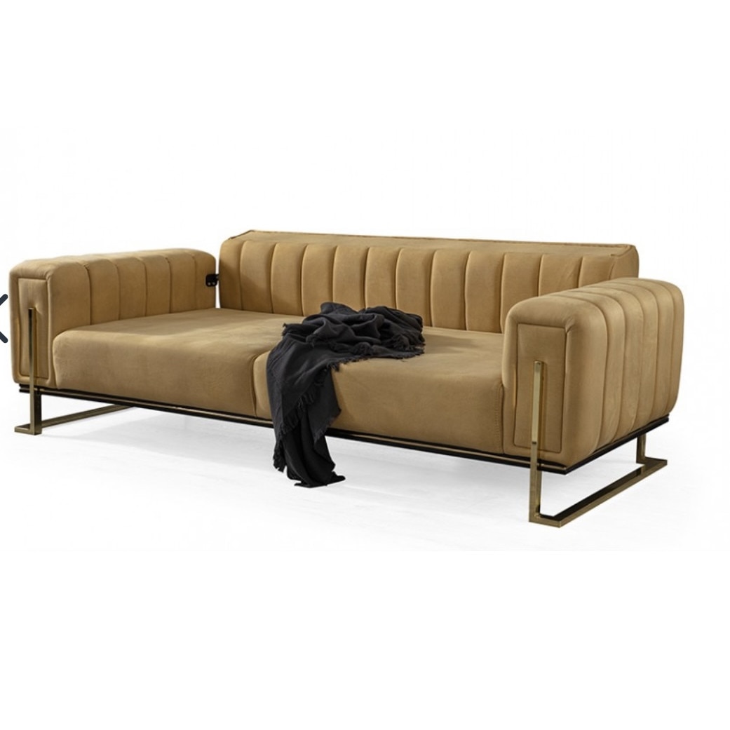 Set 2 Canapele Extensibile ATHENAcu fotoliu, Catifea, Galben si gri ...