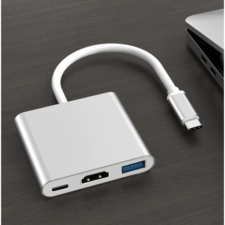 Adaptor multiport, 3 in 1, HDMI 4K, USB 3.0, USB C, Alb, Dactylion ...